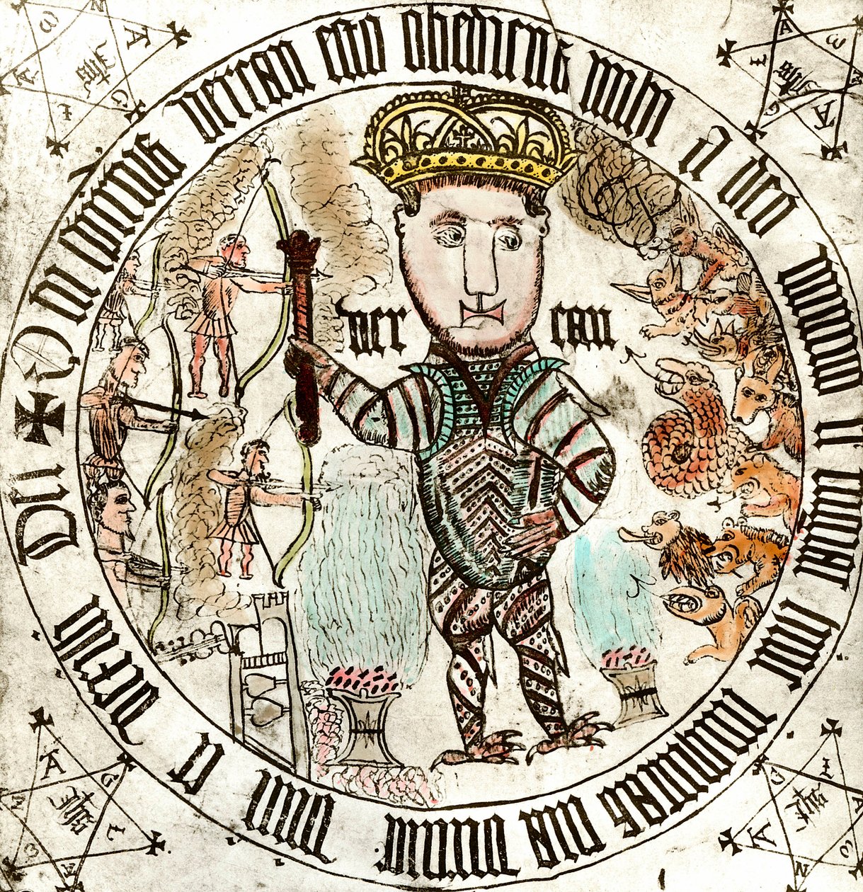 A crown being at the feet of demon. Scenes of fighting between men and ...