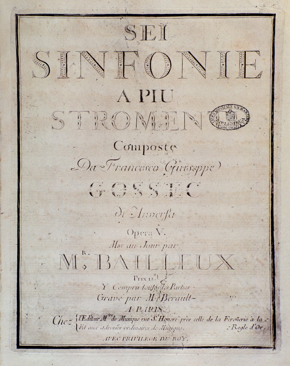Frontispiece of the Score for Sei Sinfonie a Piu Strumenti Op. 5 (First ...