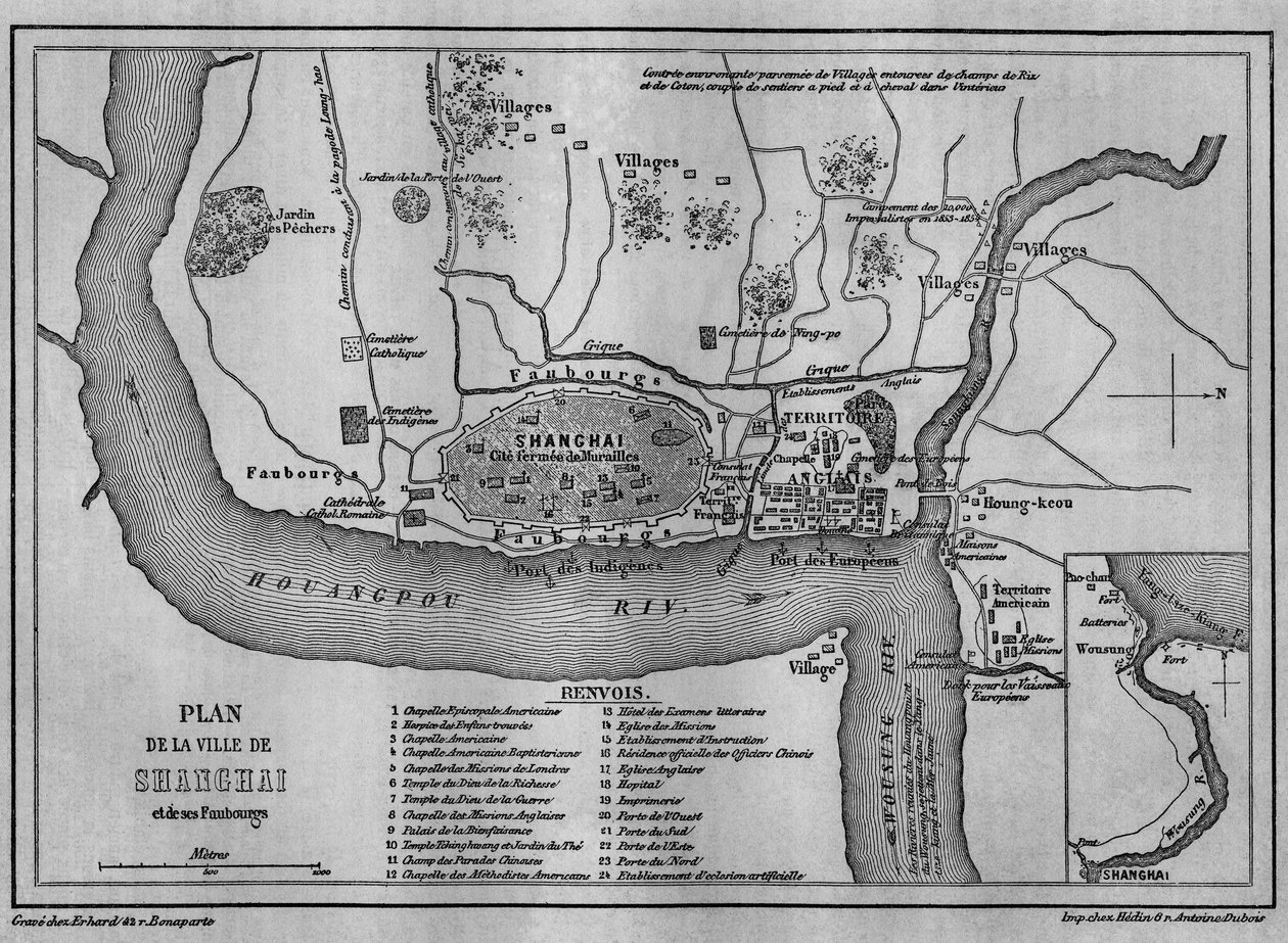 Map of Shanghai City in 1860, view of Chinese Old Town, and foreign ...