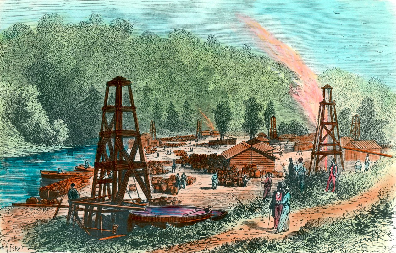 Oil wells at Tarr Farm in Pennsylvania, USA. Engraving of the 19th century