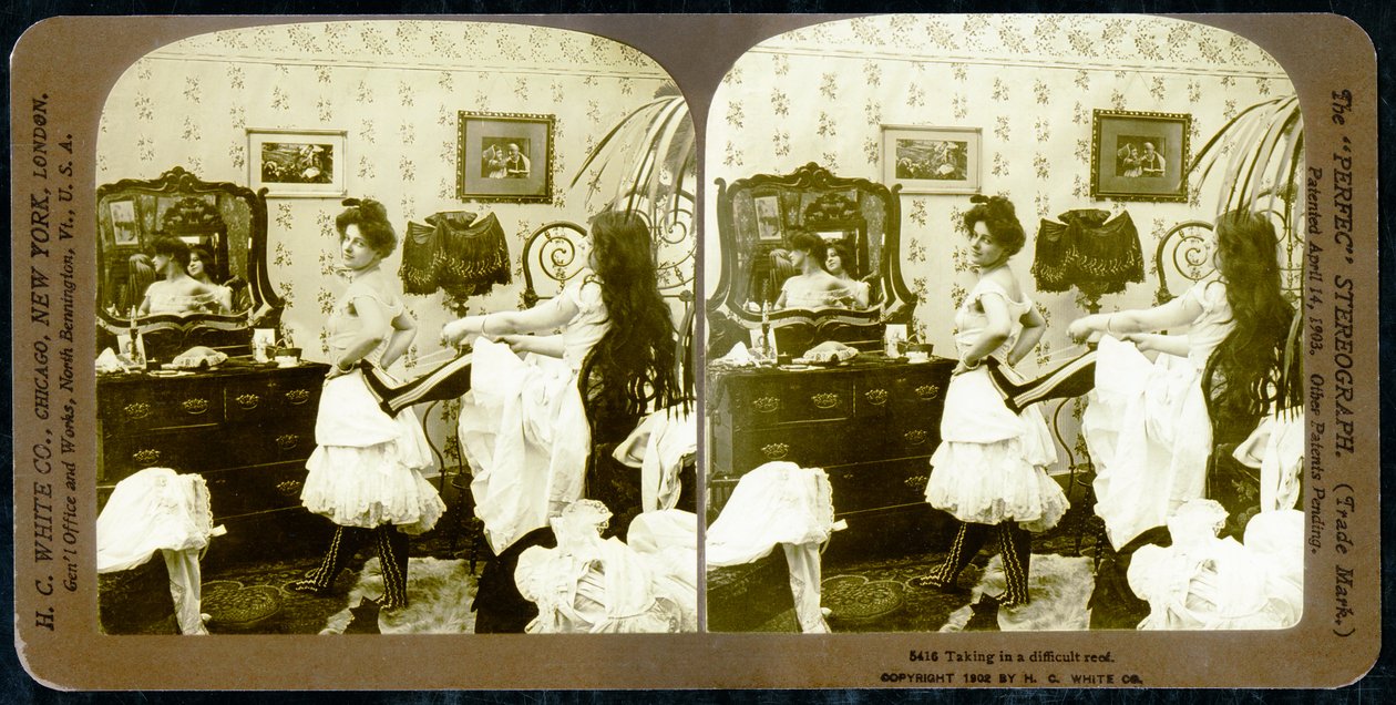 Stereoscopic card depicting a woman being laced into a corset, c.1900