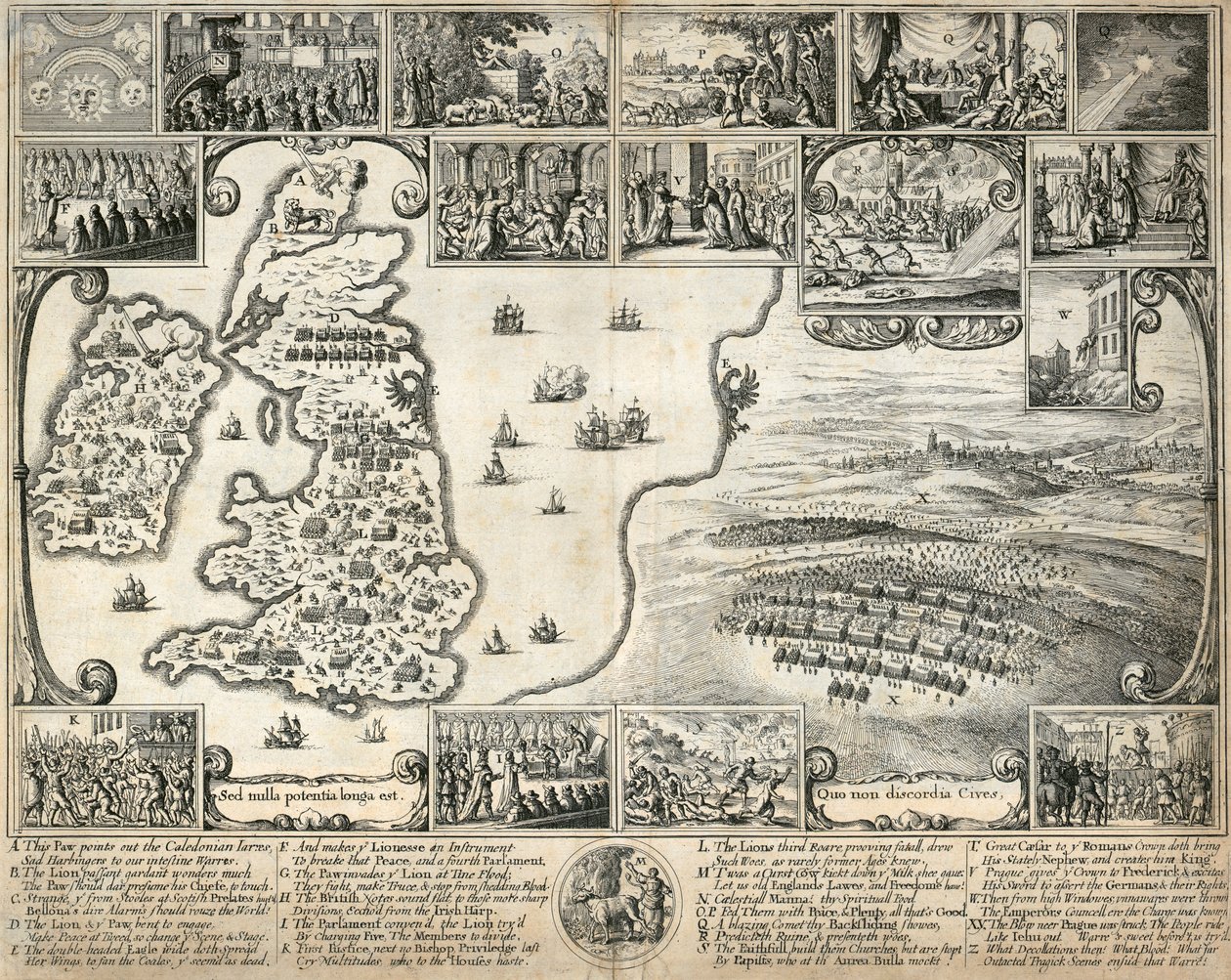 Map of the British Isles and illustrations of 17th century historical ...