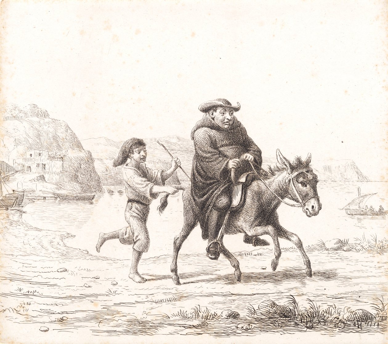 A Monk Riding a Donkey Followed by an Italian Boy