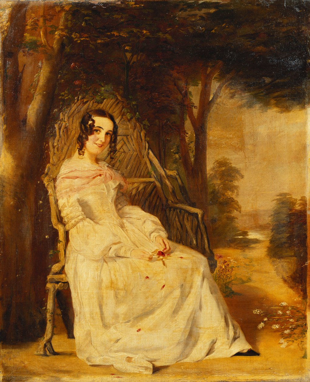 Portrait of Mary Freer Seated Small Full Length on a Garden Seat