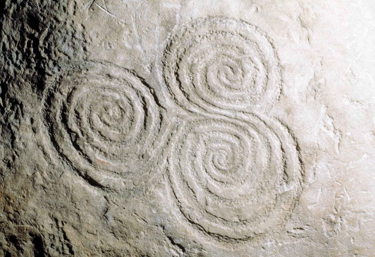 Detail of curvilinear rock engravings in Newgrange Stone Age Passage Tomb