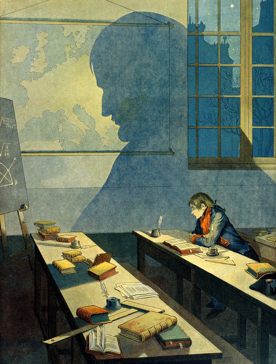 Napoleon I Bonaparte studying at the Royal Military School of Brienne. Its shadow falls on the ...