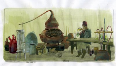 Alchemist in his laboratory with jars and still