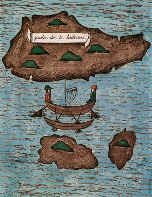 Islas de los Ladrones (today Mariana Islands), colored woodcut from ...
