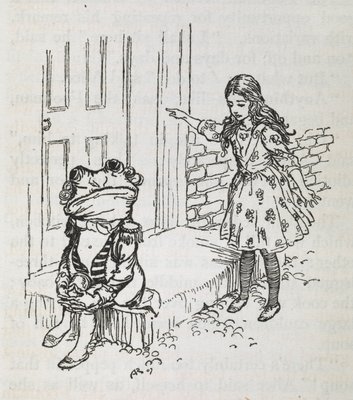 Alice and a frog dressed as a footman by Arthur Rackham