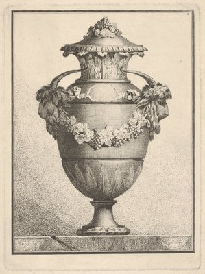 Design for a covered vase with two goat heads and a garland, 1764
