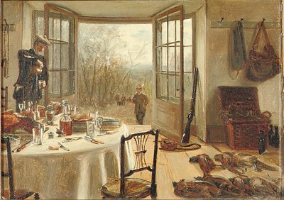 The Sportsman's Luncheon (oil on card) by Edith Hayllar