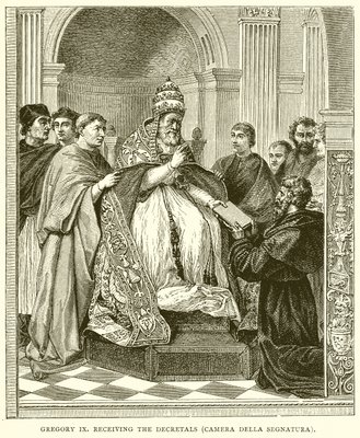 Gregory IX receiving the Decretals by English School