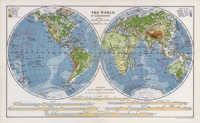 The World in Hemispheres Showing Height of the Land and Depth of the Sea