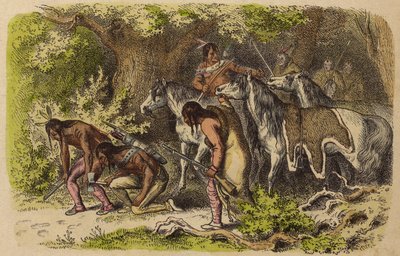 A Native American war party tracking their enemies (coloured engraving)