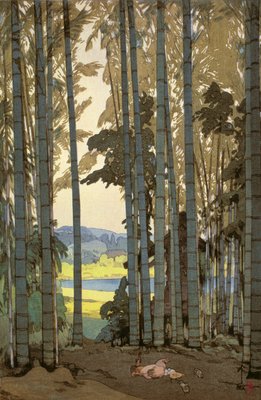 Hens in the bamboo wood (colour woodblock print)