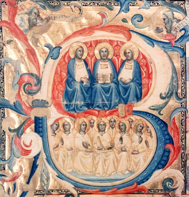 Historiated Initial B Depicting the Trinity and Christ Surrounded by Angels