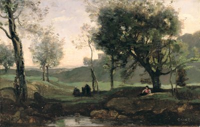 Sunset: Figures Under Trees by Jean Baptiste Camille Corot