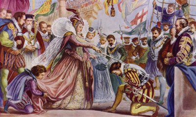 Queen Elizabeth I knighting Sir Francis Drake on biard his ship, the ...