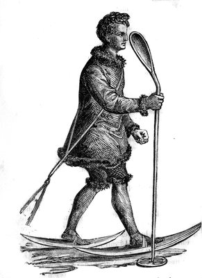 Man in traditional Khanty costume hunting ermine