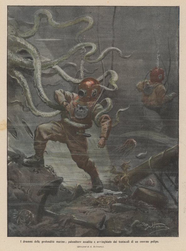 The Dramas of the Deep Sea, Diver Attacked and Entangled by the ...