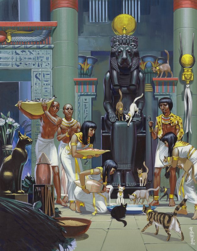 Servants Feeding Cats in an Ancient Egyptian Temple