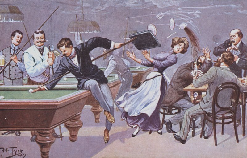 Comical scene in a billiards hall