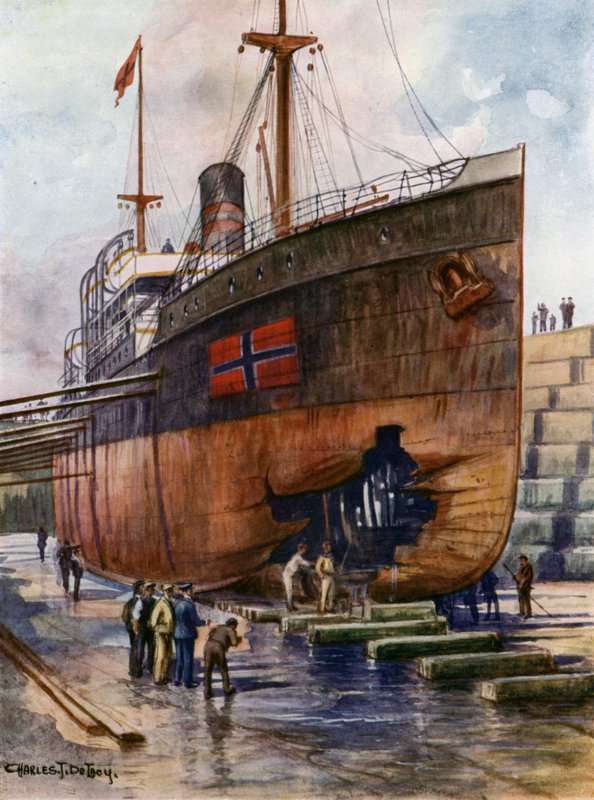 A tramp steamer in dry dock by Charles John de after Lacy