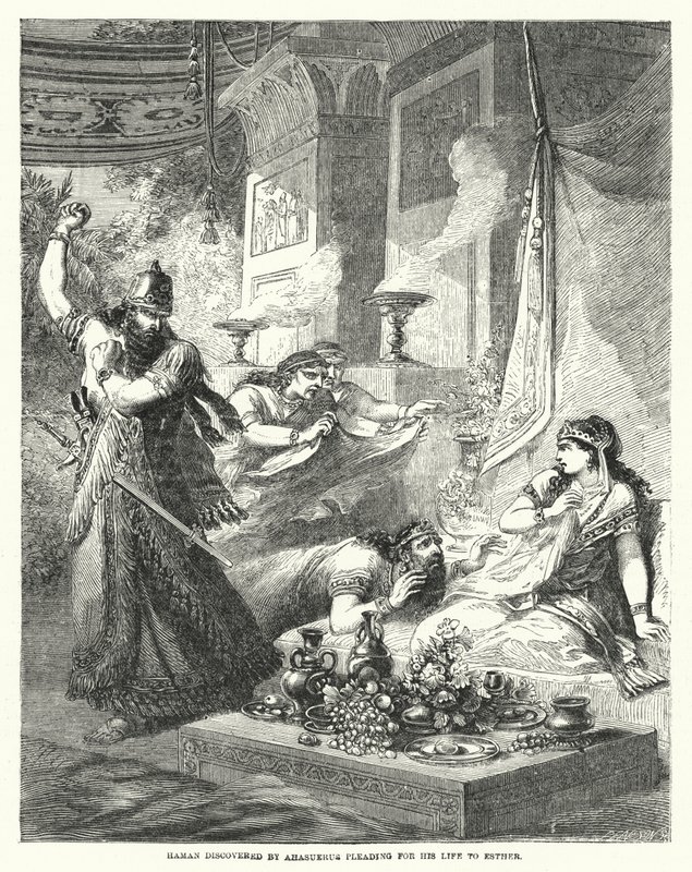 Haman Discovered by Ahasuerus Pleading for His Life to Esther (engraving)
