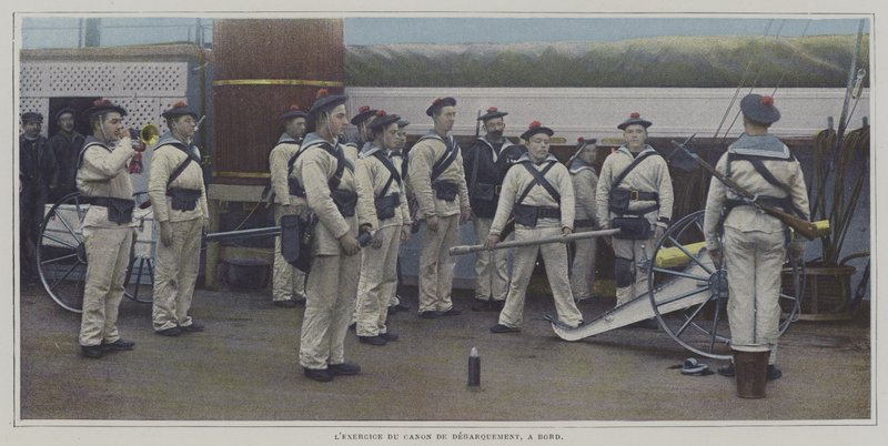 Sailors Carrying Out an Exercise with a Landing Gun on Board a Ship