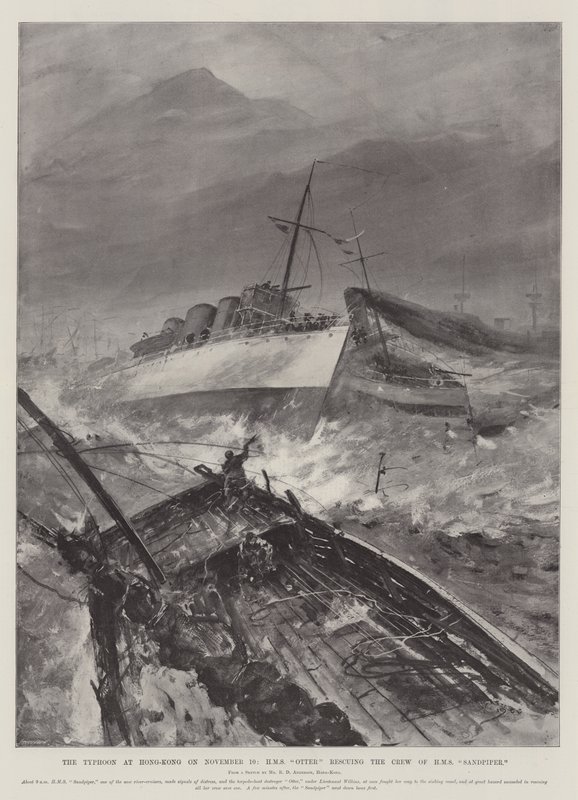 The Typhoon at Hong-Kong on 10 November, HMS Otter rescuing the Crew of ...
