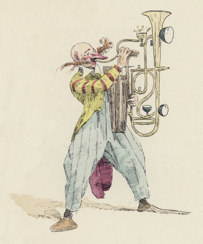 Clown playing an unusual musical instrument