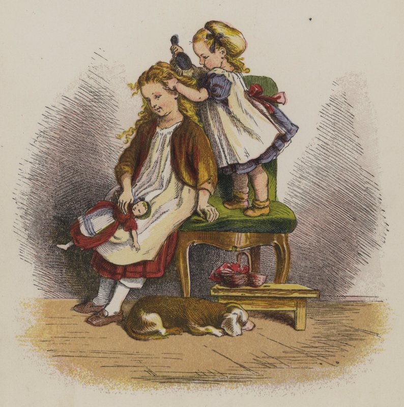Little girl brushing her sister's hair by Oskar Pletsch