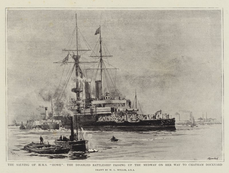 The Salving of HMS Howe, the Disabled Battleship Passing up the Medway ...