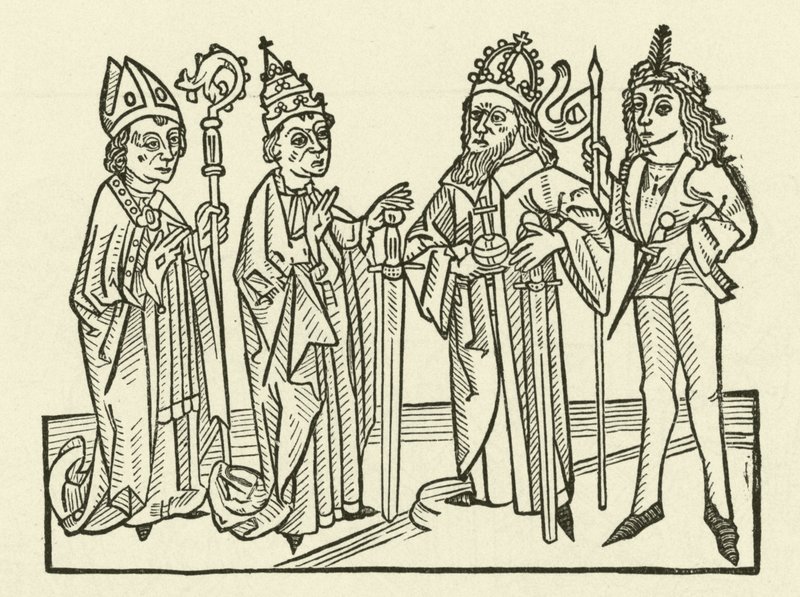 The Holy Roman Emperor and the Pope, accompanied by a knight and a ...